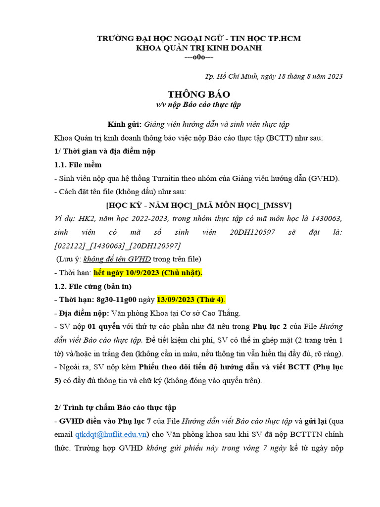 Thong Bao Nop BCTT FBA 2023 - K2020 | PDF