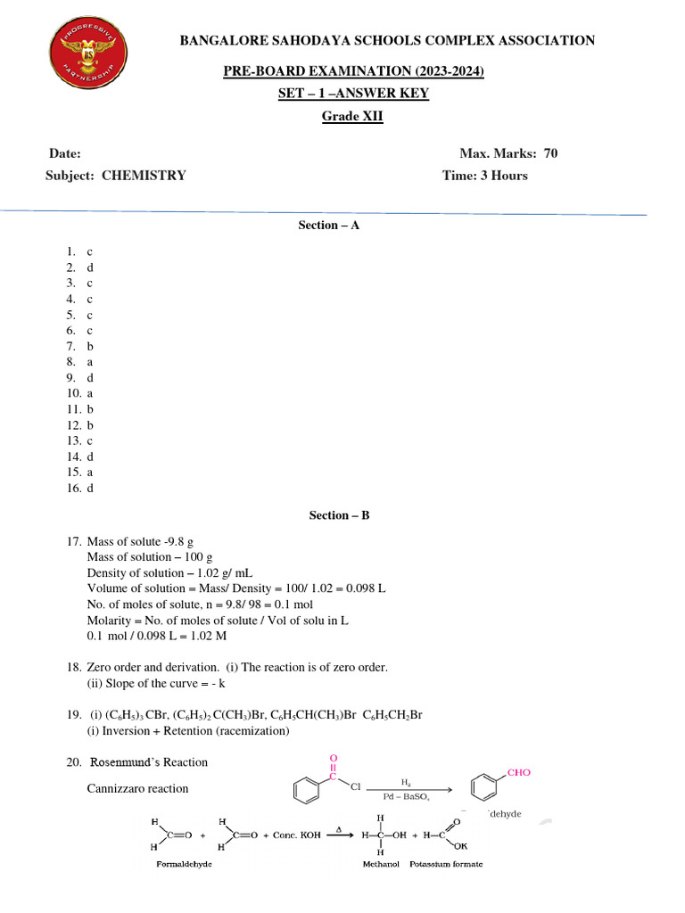 Sahodaya SET1 ANSKEY - DEC2023 | PDF | Amine | Ammonia
