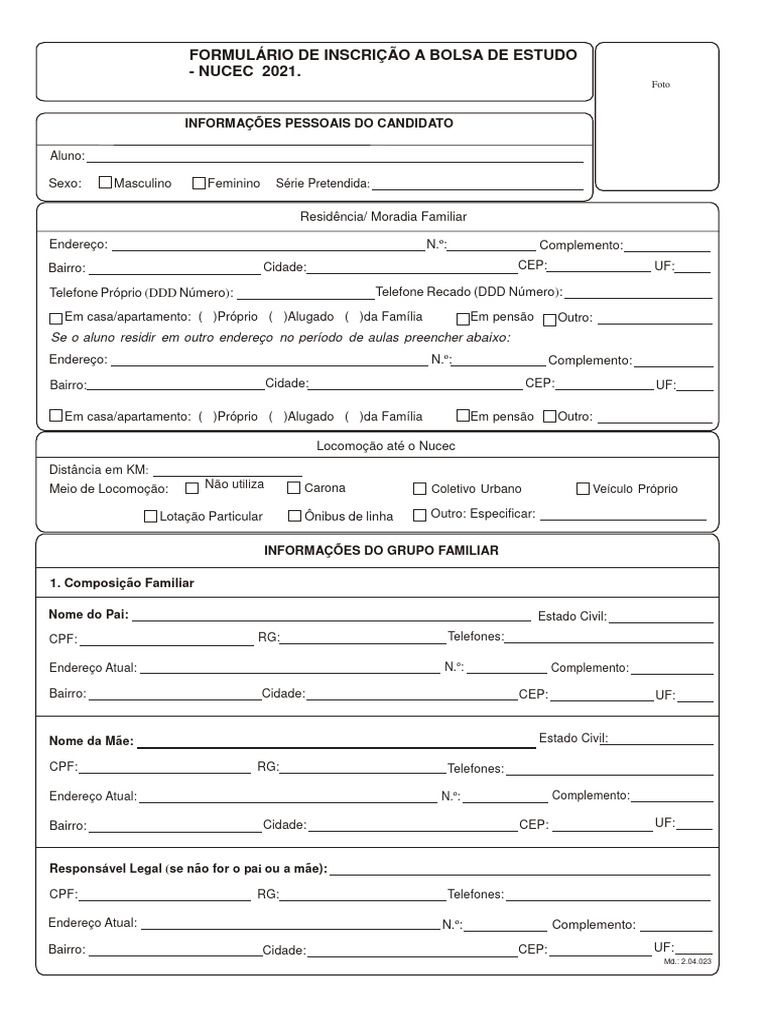 Ficha de Inscrio Bolsa 2021 | PDF