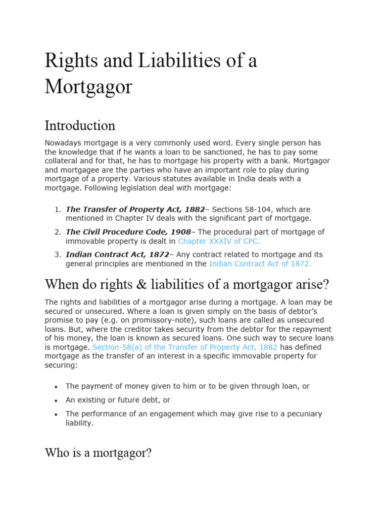 Rights and Liabilities of A Mortgagor | PDF | Mortgage Law | Loans