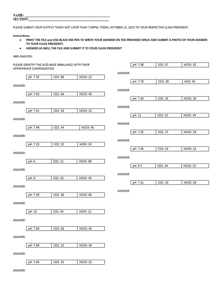 Abg Analysis NCM 112 Worksheet | PDF | Office Equipment