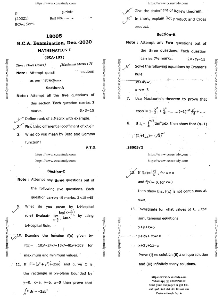Bca 1 Sem Mathematics 1 18005 Dec 2020 | PDF