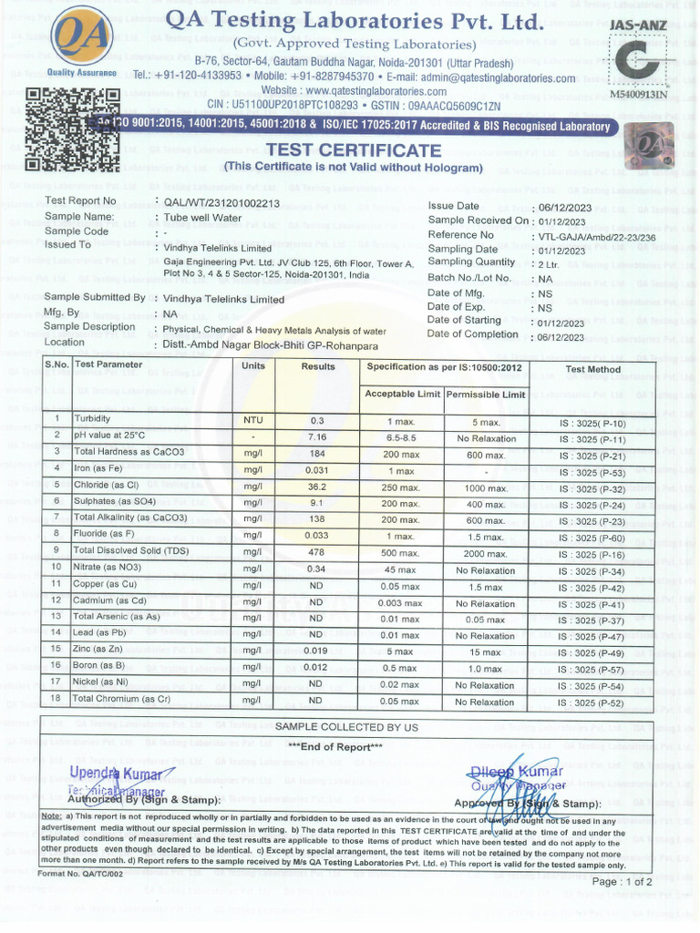 Water Test Report VTL Ambd Nagar Letter No.-236 | PDF