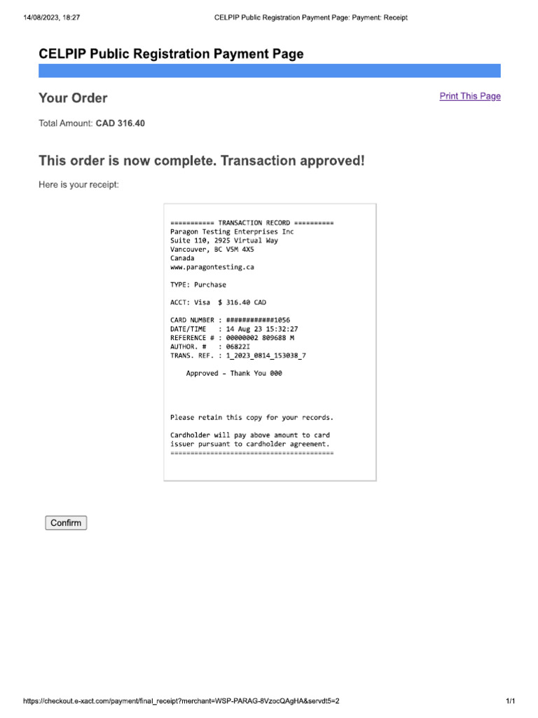 CELPIP Public Registration Payment Page - Payment - Receipt | PDF