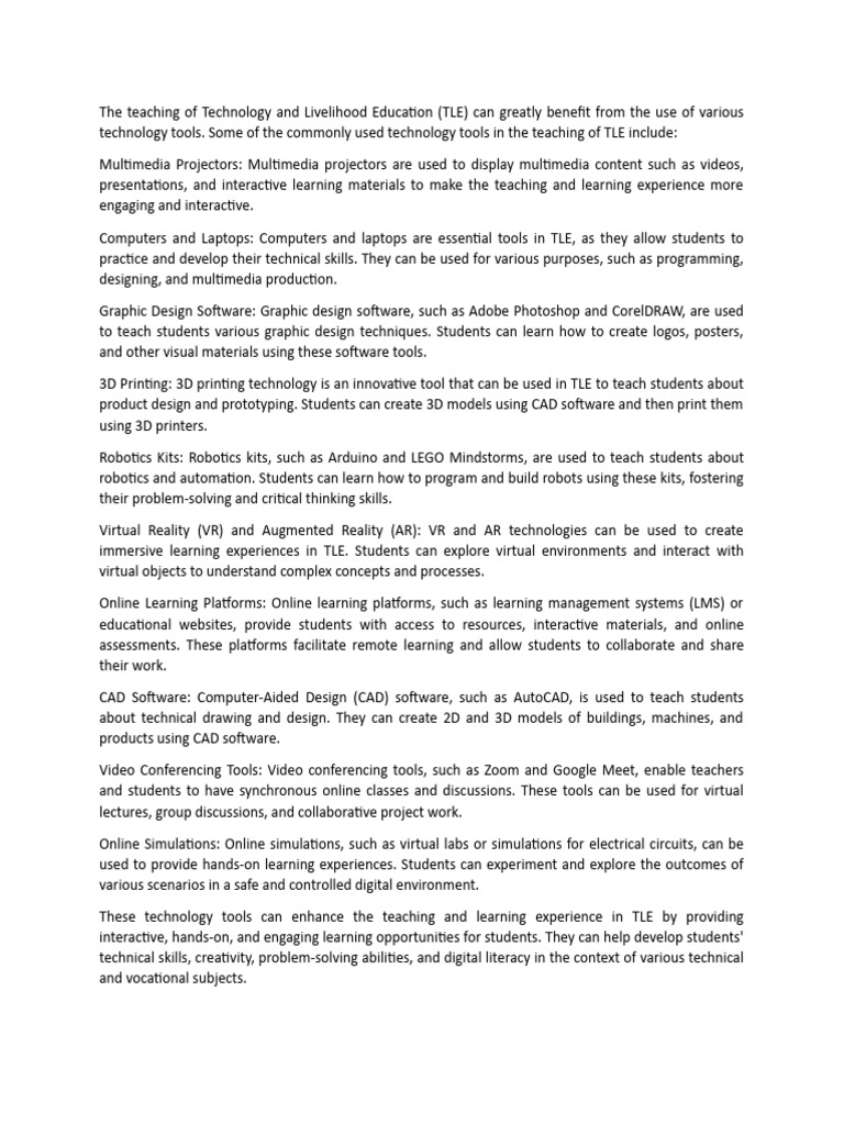 Benefits of Learning TLE Subject | PDF | Educational Technology ...