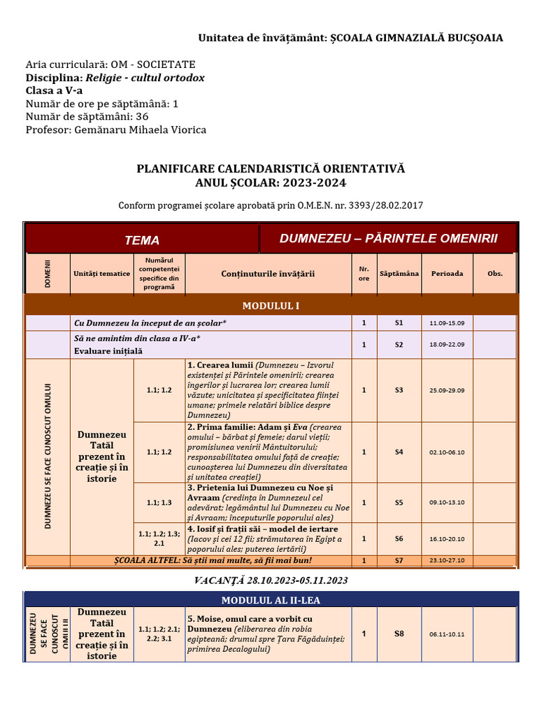 Planificare Religie Clasa A V A | PDF