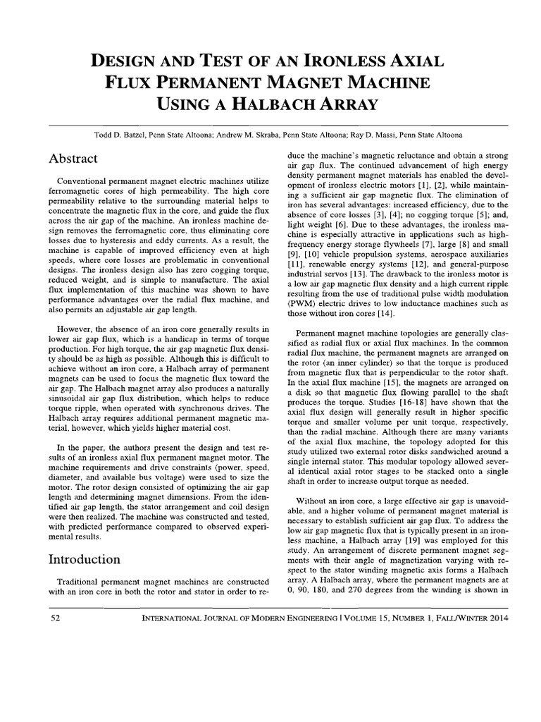 Design and Test of An Ironless Axial Flux Permanent Magnet Machine ...