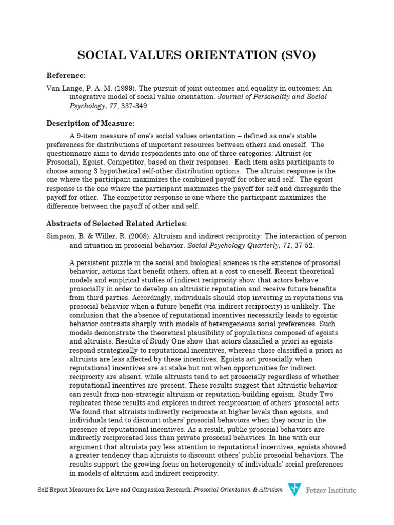 Lange (1999 Social Values Orientation) | PDF | Altruism | Psychology