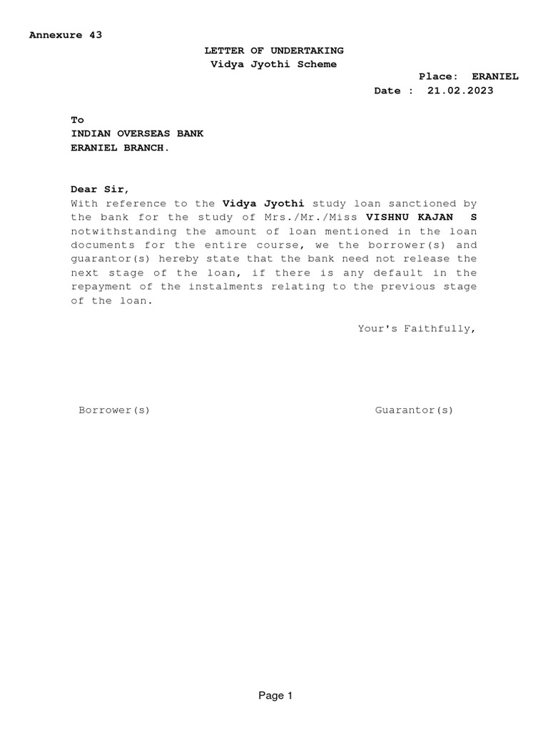 Loan Undertaking for Vidya Jyothi Scheme | PDF