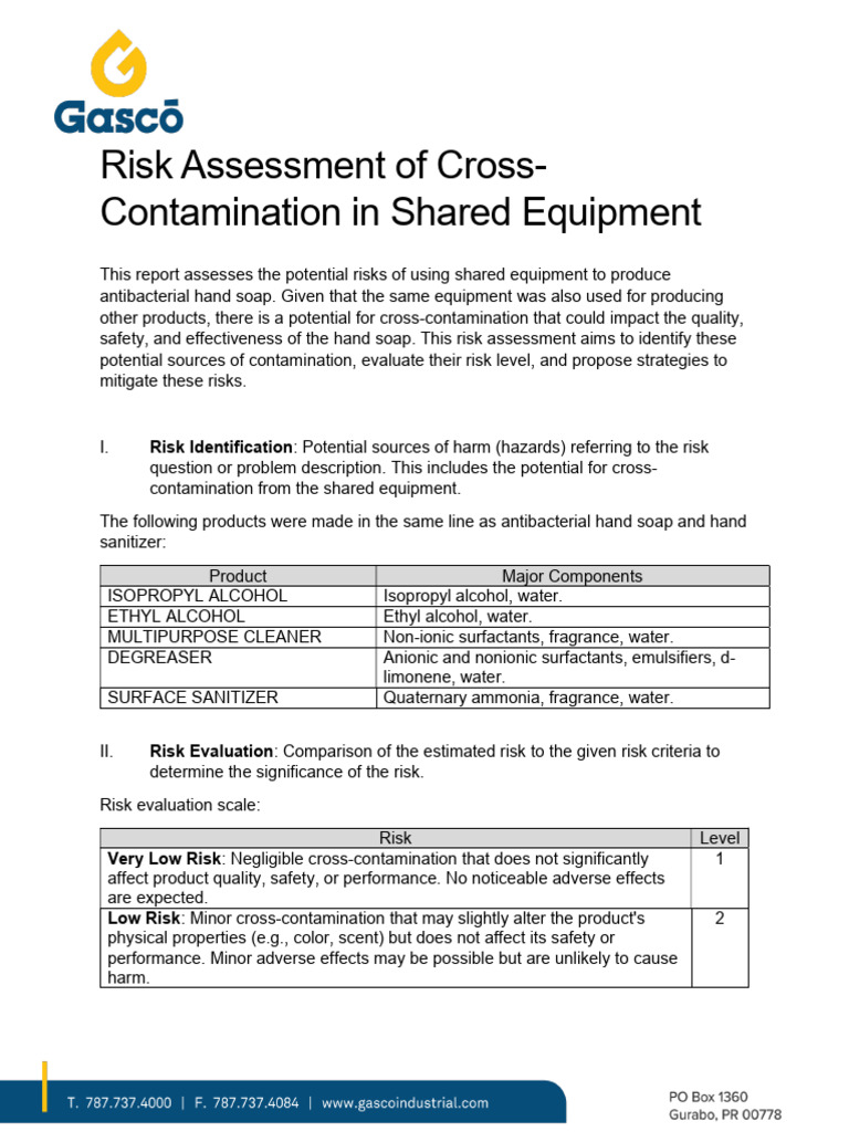 Risk Assesment of Cross-Contamination in Shared Equipment | PDF