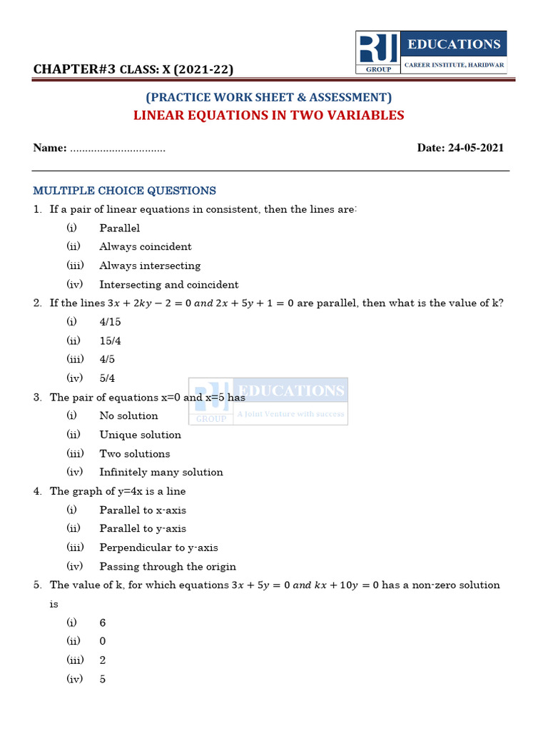 Class 10 Linear Equations Worksheet | PDF | Equations | System Of Linear Equations