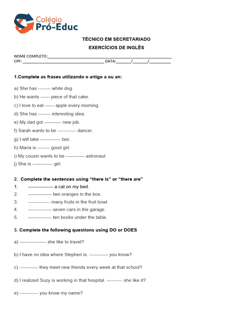 Exercícios Inglês | PDF