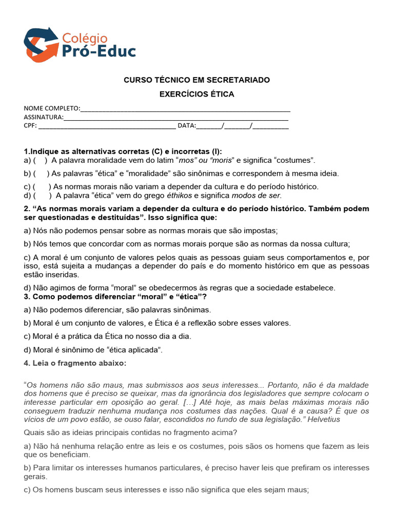 Exercícios de Ética | PDF | Ciências Sociais | Filosofia