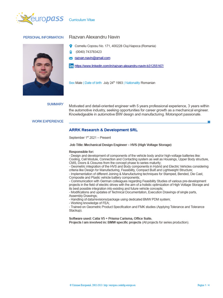 Europass CV Razvan A Navin ENG V2 | PDF | Mechanical Engineering | Engineering