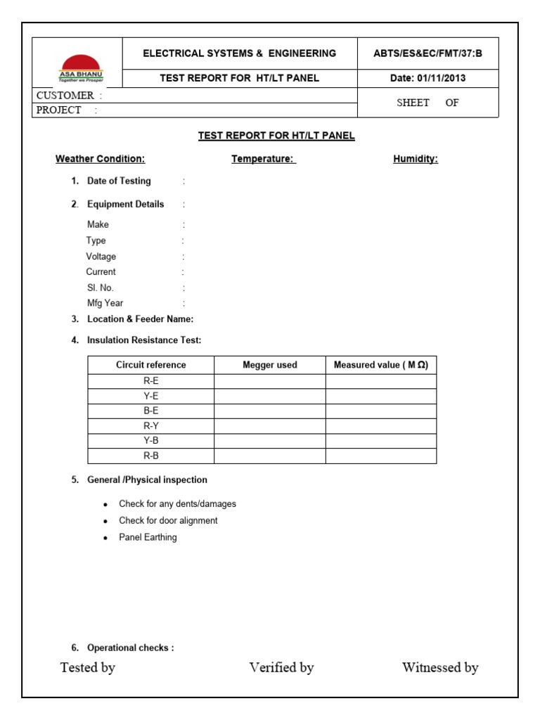 HT/LT Panel Test Report Format | PDF