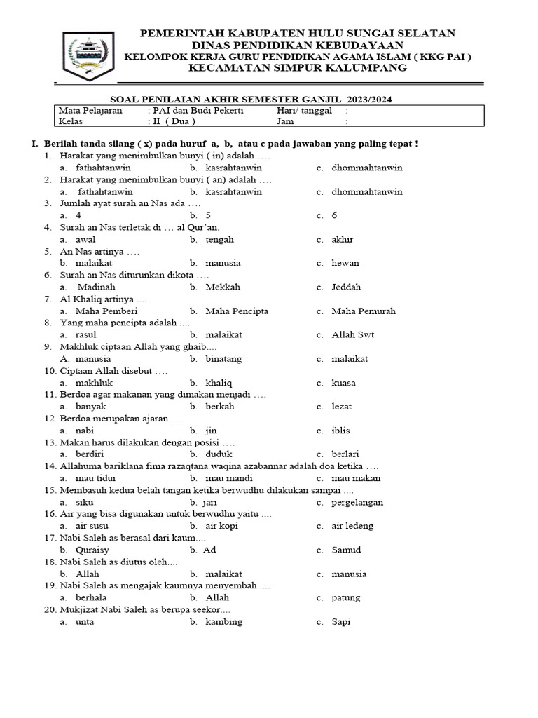 Soal Pas Pai Kelas 2 Sem 1 K 13 | PDF