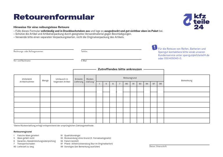 Kfzteile24 Ruecksendeformular | PDF
