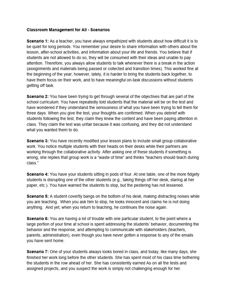 Classroom Management Scenarios for Teachers | PDF | Classroom ...