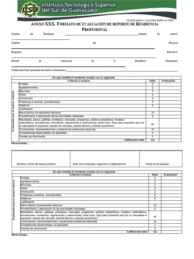 Anexo XXX Formato de Evaluacion de Reporte de Residencia | PDF | Evaluación | Estadísticas