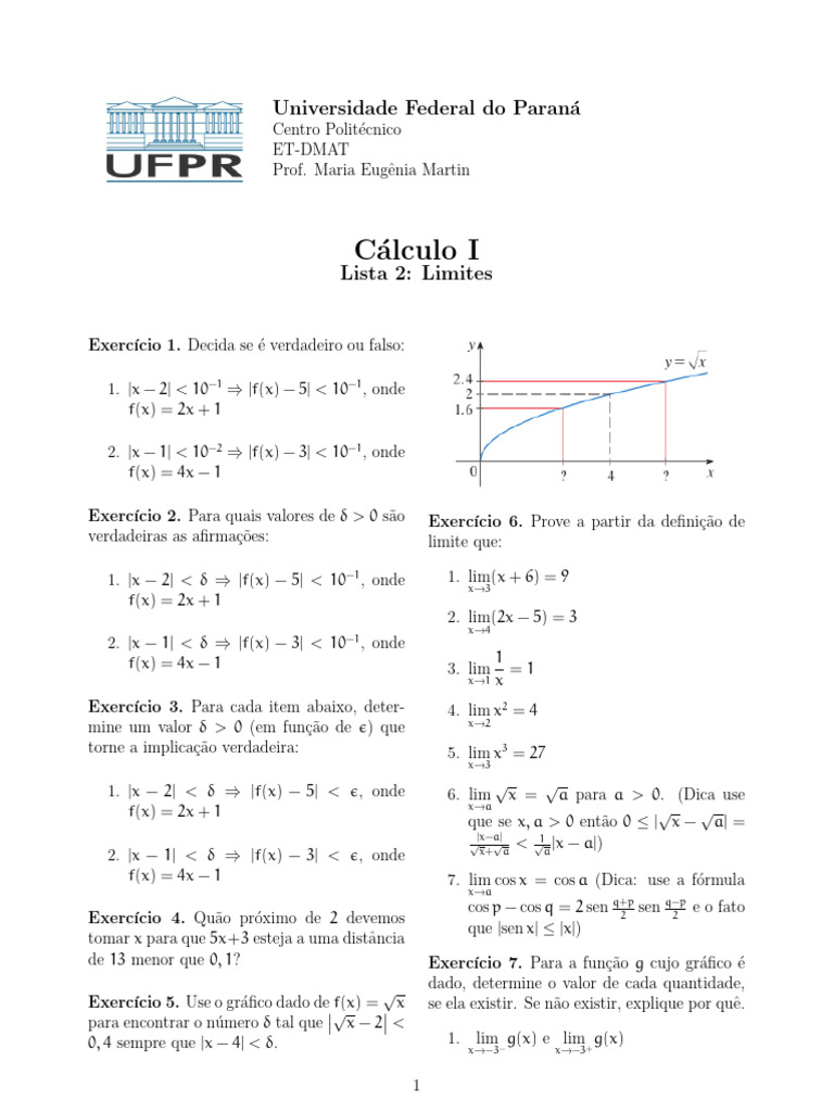 Limites em Cálculo I: Exercícios e Soluções | PDF | Matemática | Lógica ...