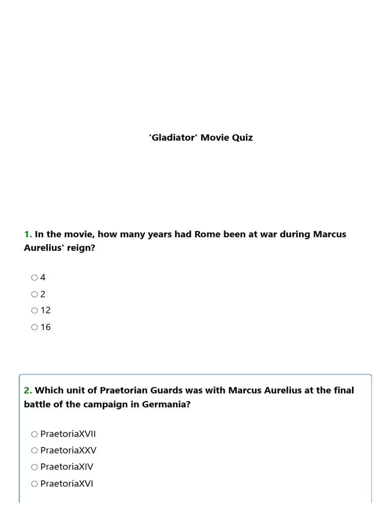 'Gladiator' Movie 10 Questions | PDF