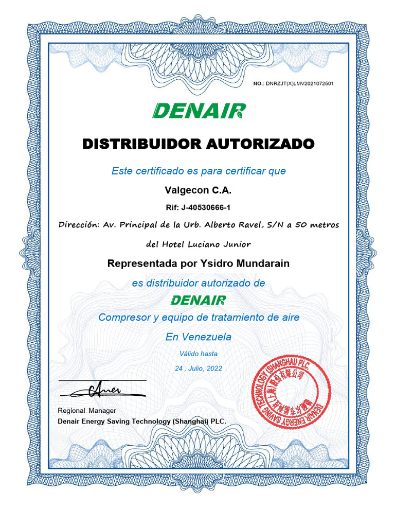 DENAIR Certificado de Distribuidor Autorizado para Valgecon C. | PDF