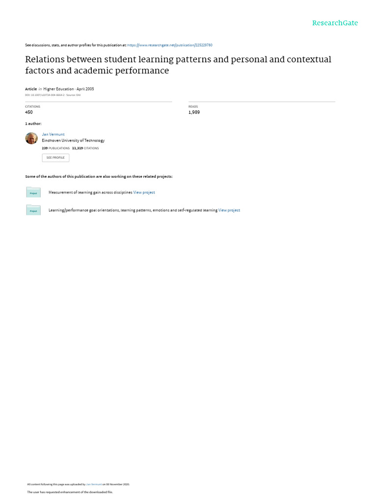 Relations Between Student Learning Patterns and Personal and Contextual ...
