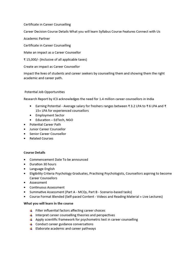 Certificate In Career Counselling Pdf Educational Technology Learning