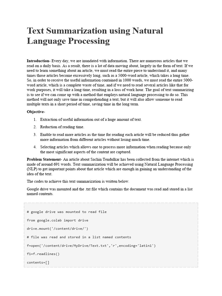 Text Summarization Using Natural Language Processing | PDF | String (Computer Science) | Text File