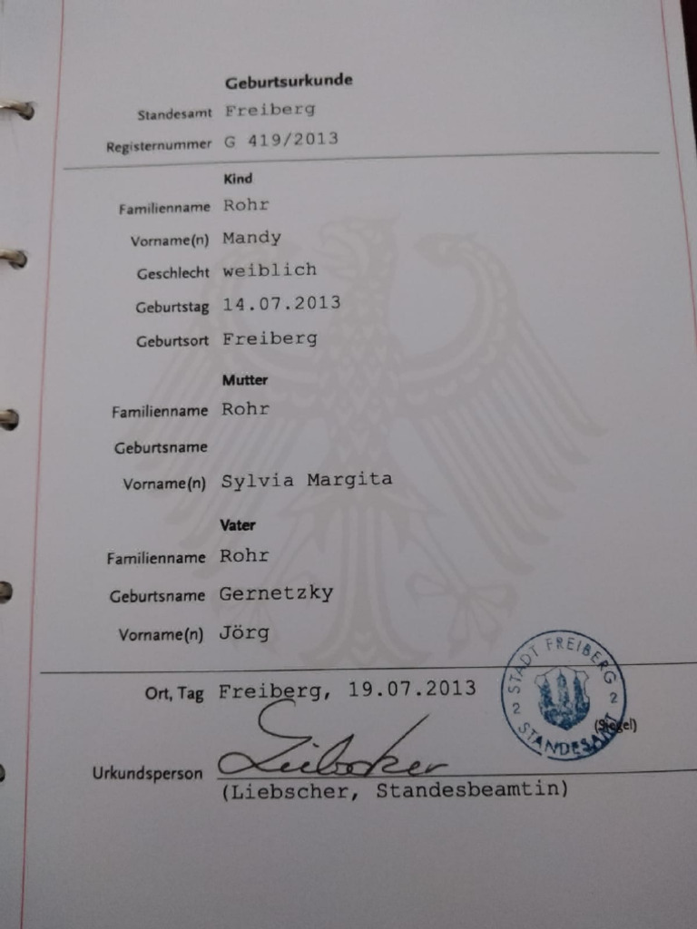 Mandy Rohr Geburtsurkunde | PDF