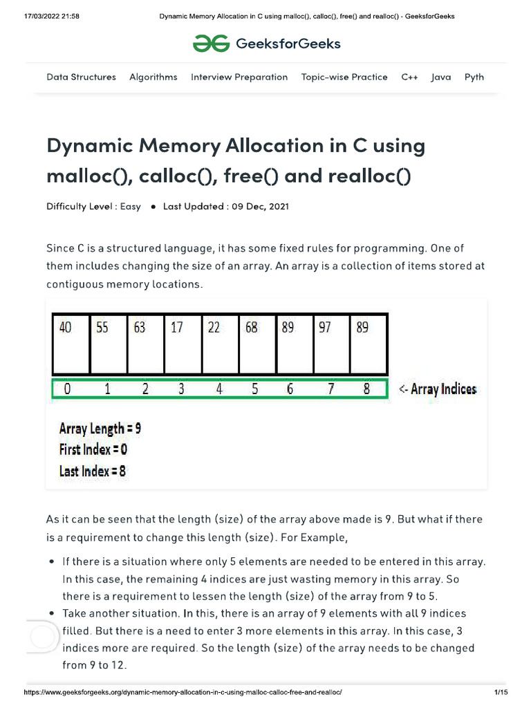 Dynamic Memory Allocation in C Using Malloc, Calloc, Free and Realloc | PDF