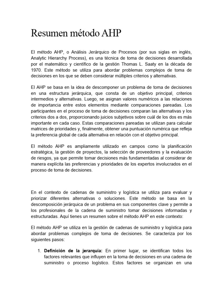 Resumen método AHP | PDF | Toma de decisiones