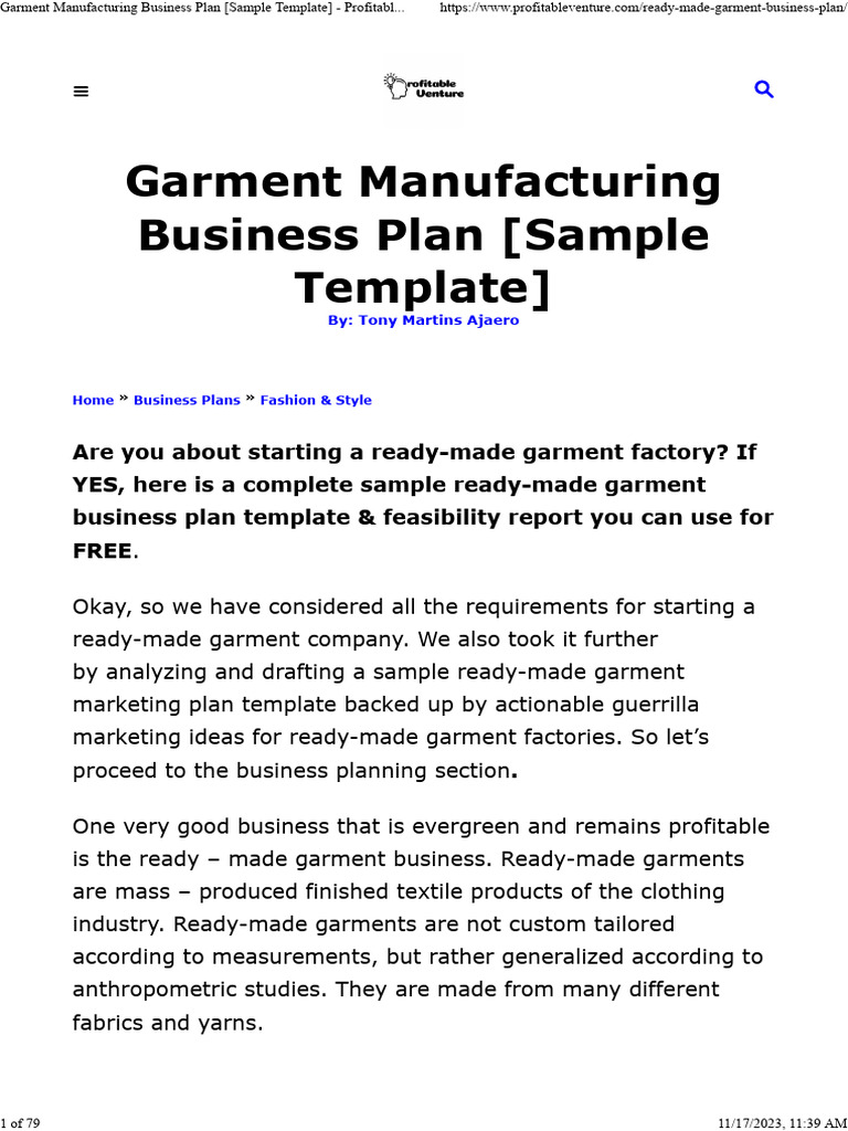 Garment Manufacturing Business Plan (Sample Template) - ProfitableVenture | PDF
