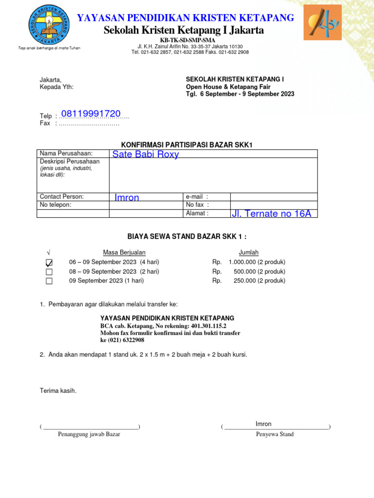 Form Bazar Open House SKK-1 Tapel 2023-2024 | PDF