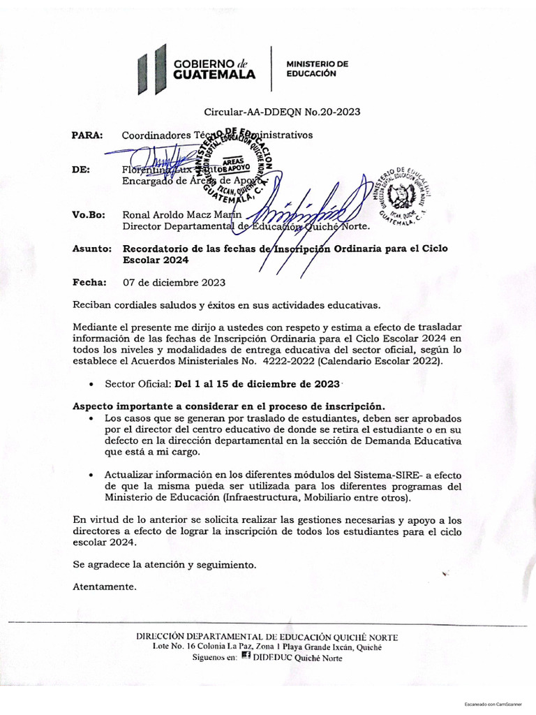 Circular No. 20-2023 Inscripcion Ordinaria 2024 | PDF