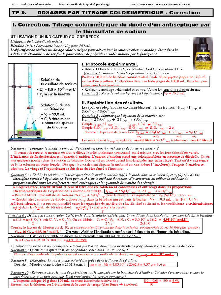 TSP2SP1Ch18T9-TP9 Correction Titrages Colorimetriques | PDF