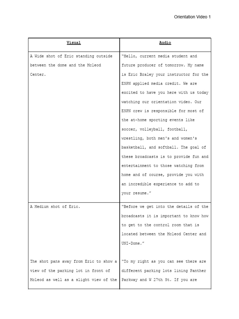 Orientation Video Two Column Script | PDF | Tripod (Photography) | Camera