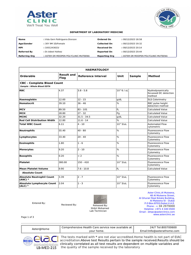 Complete Blood Count Results Report | PDF | Science & Mathematics