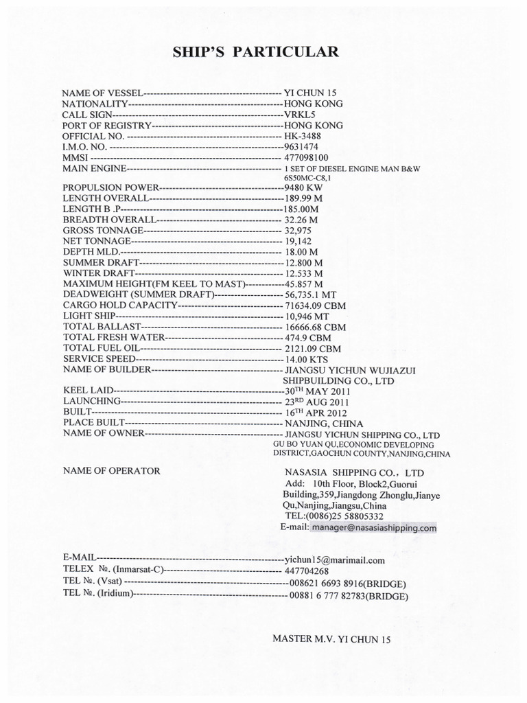 MV Yi Chun 15 - Ships Particulars | PDF