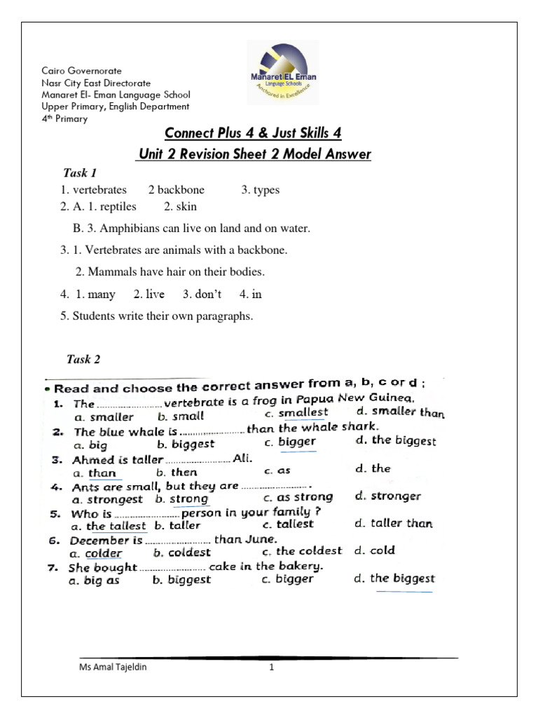 Connect Plus 4 & Just Skills 4 Unit 2, Revision Sheet 2 MA | PDF | Zoology