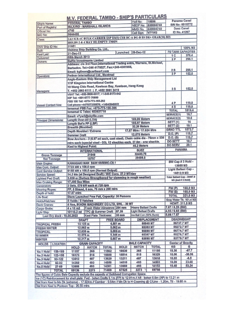 MV Federal Tambo - Ship's Particulars | PDF