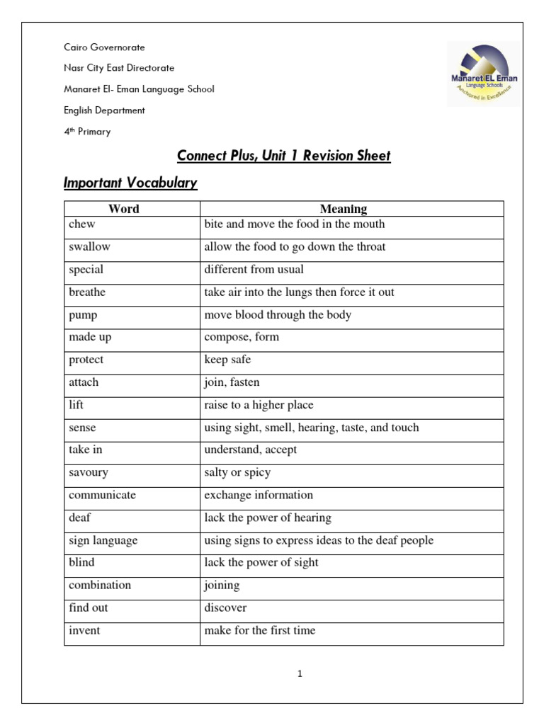 Grade 4, Connect Plus, Unit 1 Revision Sheet | PDF
