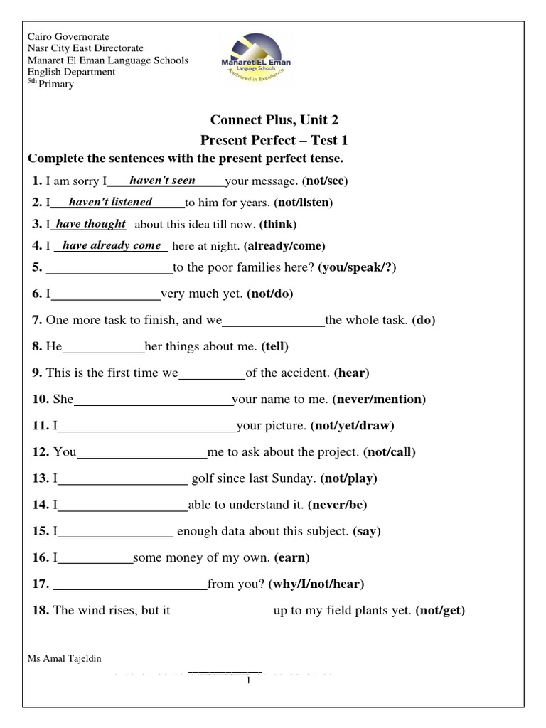 Connect Plus, Unit 2, Present Perfect Sheet 1 | PDF