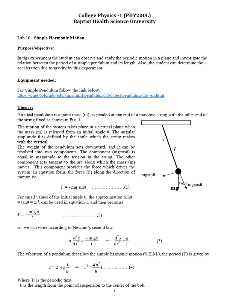 LAB10 - SimpleHarmonicMotion - 1 | PDF | Pendulum | Force