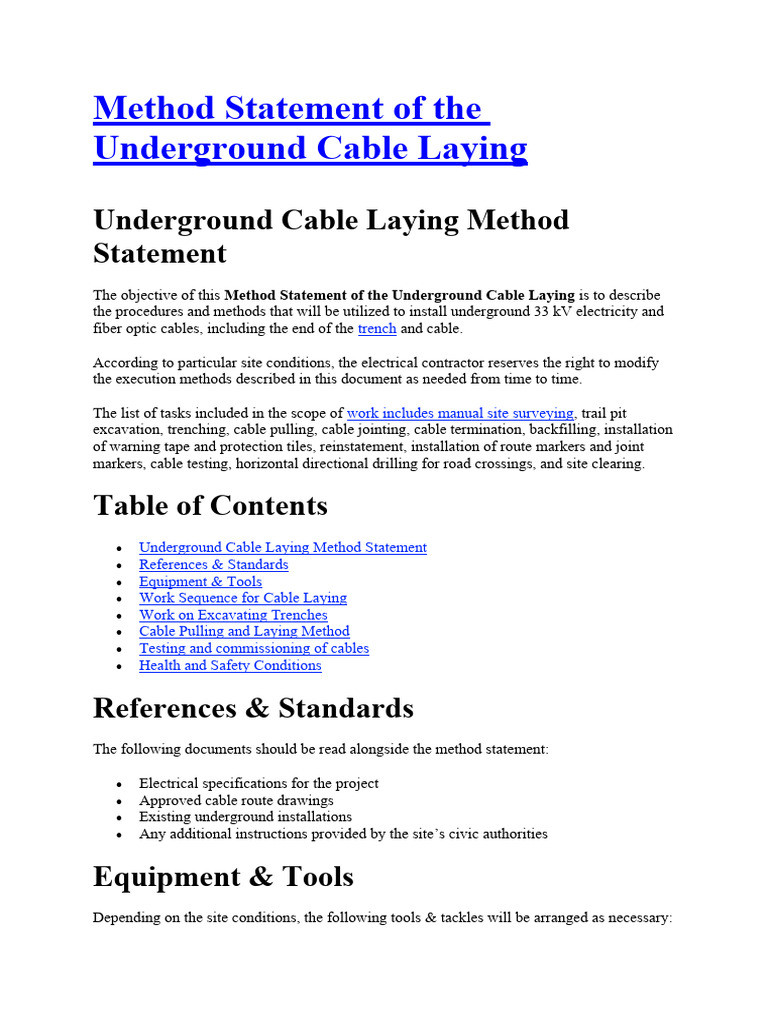 Method Statement of the Underground Cable Laying | PDF