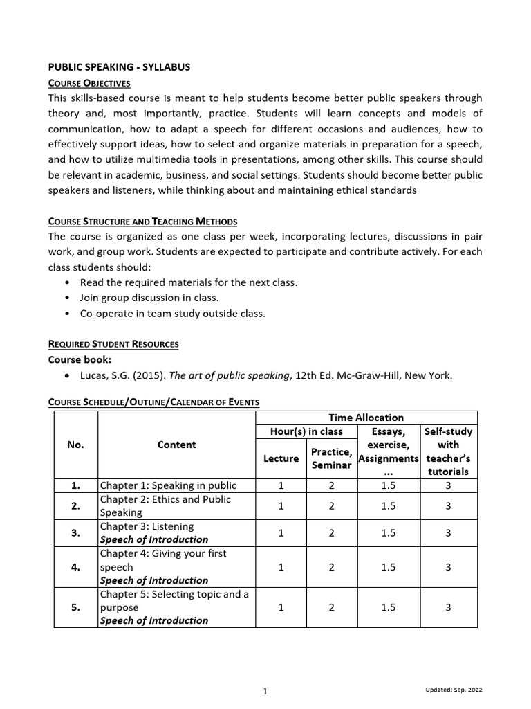 Public Speaking - Syllabus | PDF | Career & Growth