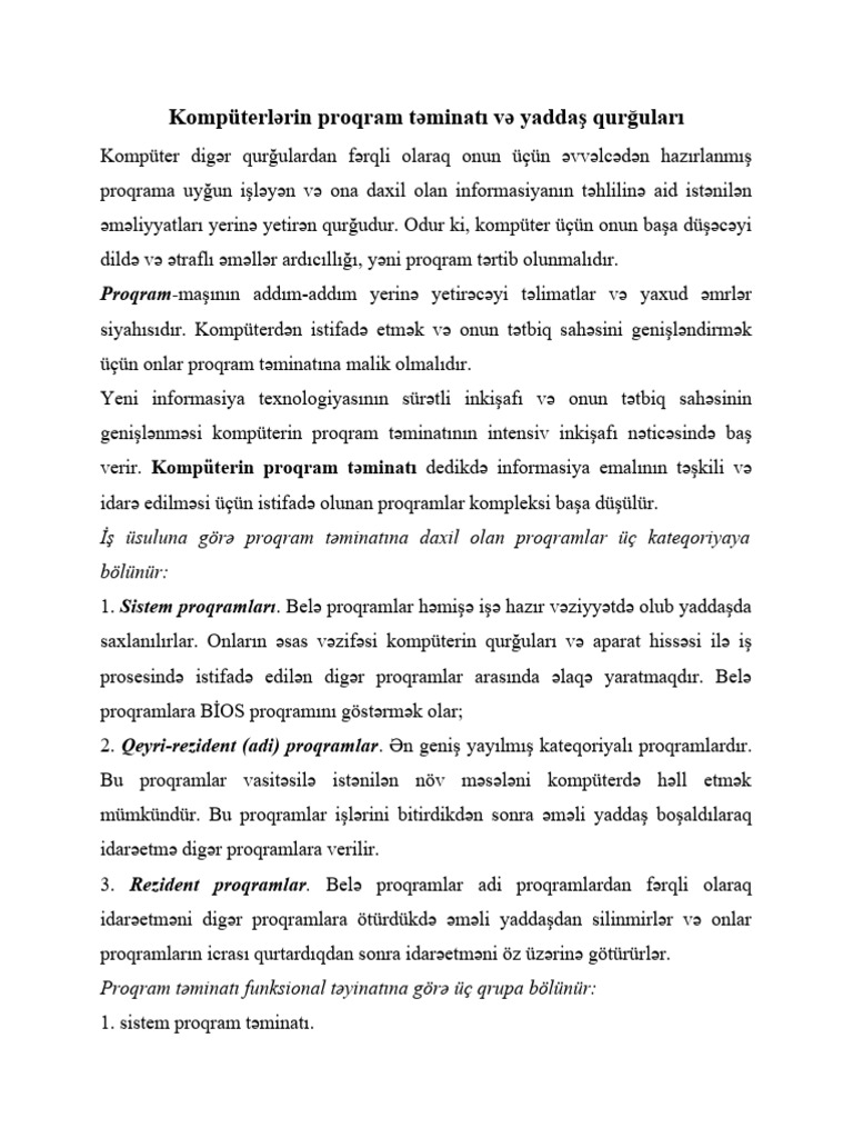 Kompüterlərin Proqram Təminatı VƏ Yaddaş Qurğuları | PDF