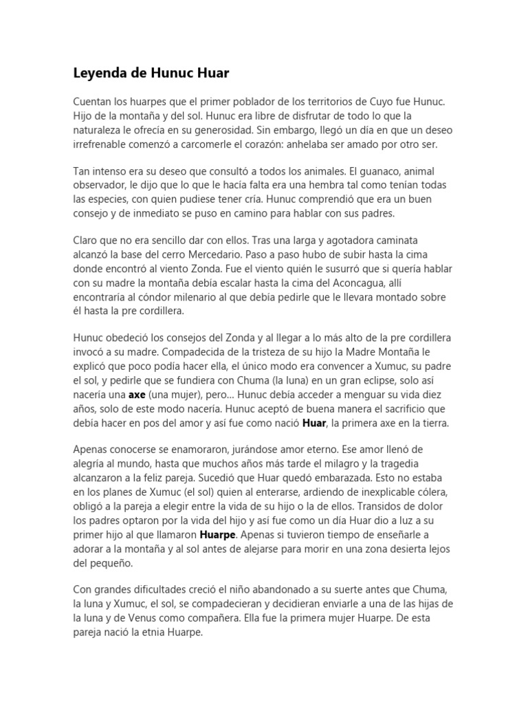 Leyenda de Hunuc Huar: Origen Huarpes | PDF