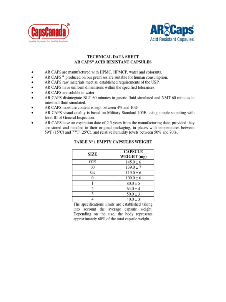 AR-Caps Technical Data Sheet (PR00373576) | PDF | Color