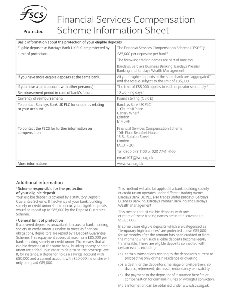 FSCS Information Sheet | PDF | Cost Of Living | Deposit Account